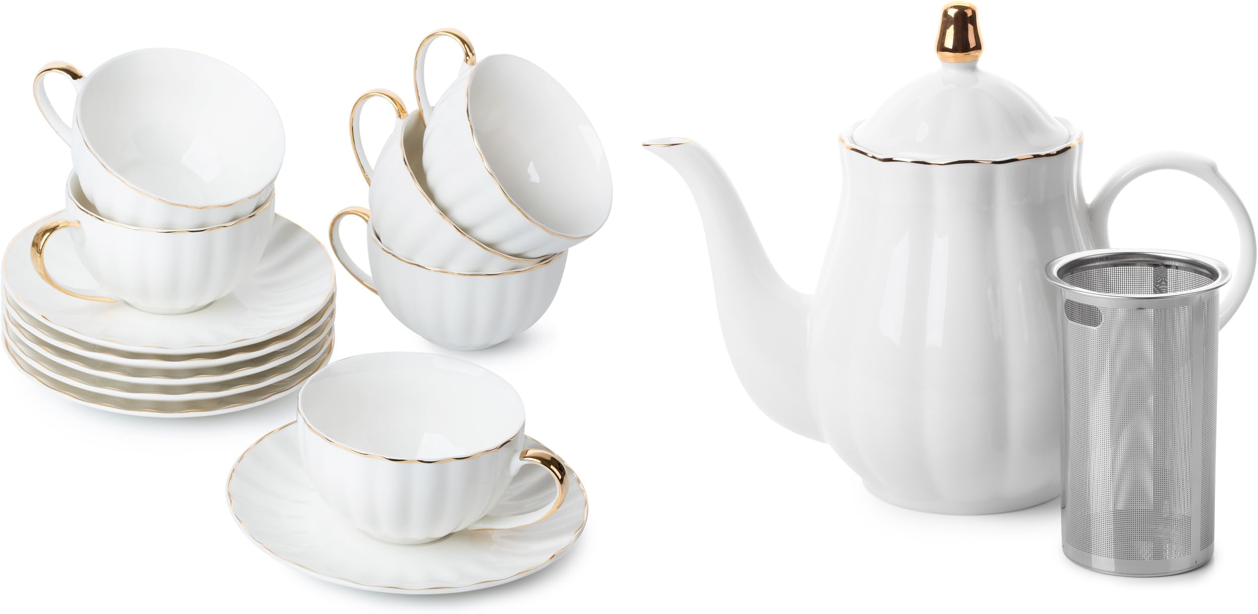 Amazon.com | BTaT- Tea Cups and Saucers, Set of 6 (7 oz) with Gold Trim ...
