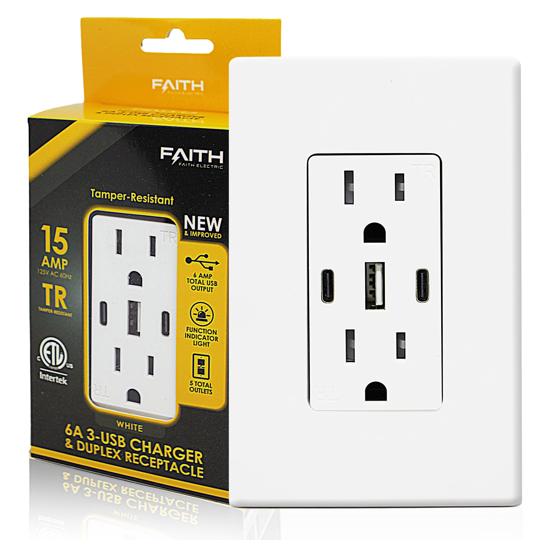 6.0A USB Outlet, 3-Port 30W Wall Outlets with 2 Type C & 1 Type A, 15 ...