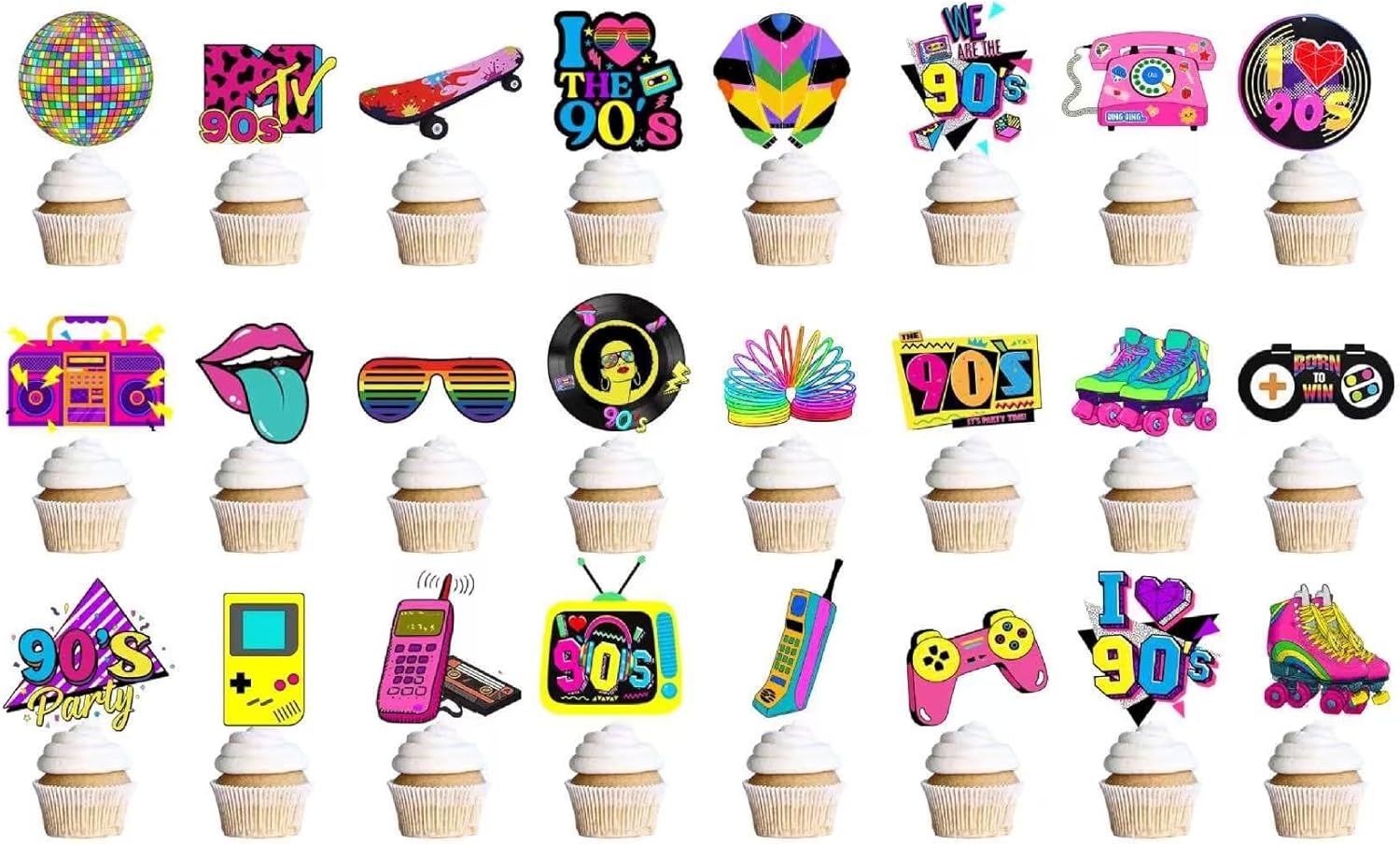 Amazon.com: 48pcs 90s Party Decorations 1990s Retro Theme Cupcake ...