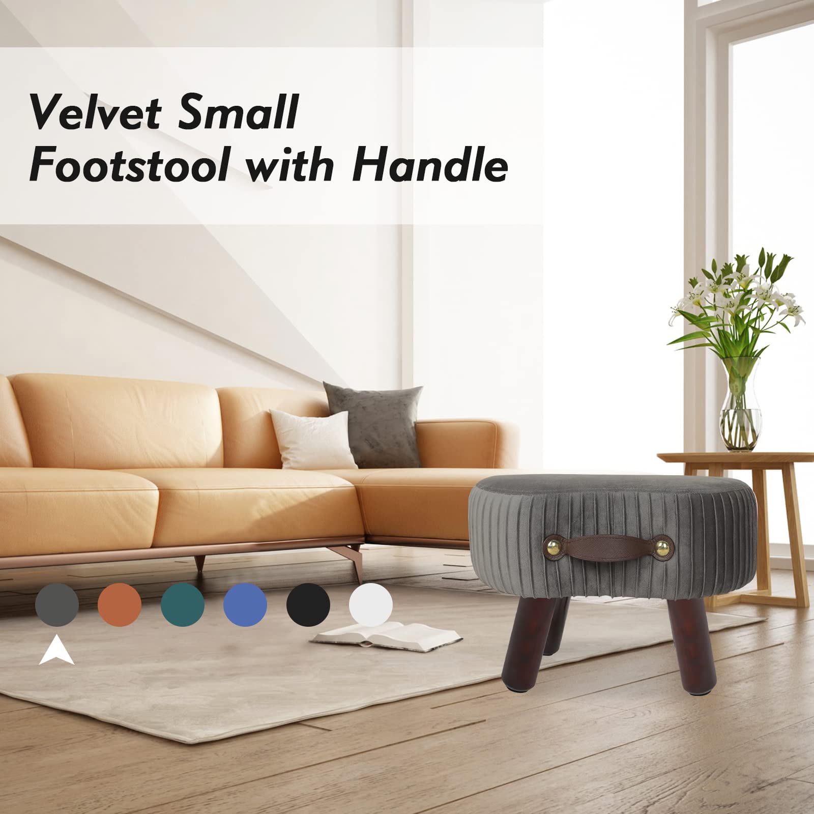 ECOMEX Small Curved Foot Stool with Handle, Velvet Pleated Footrest ...
