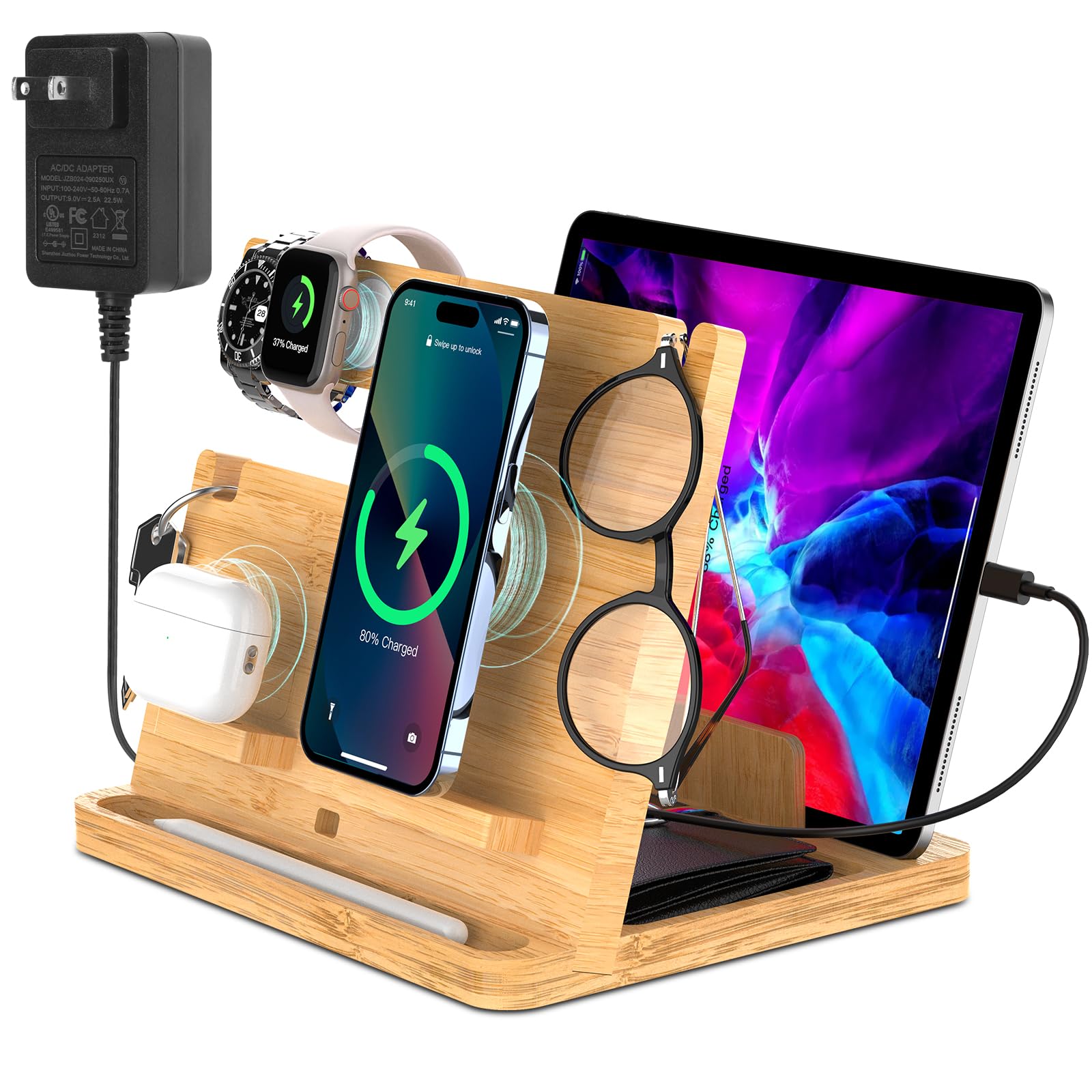 CJQQ Bamboo Phone Wireless Charging Station, iPhone Wireless Docking ...