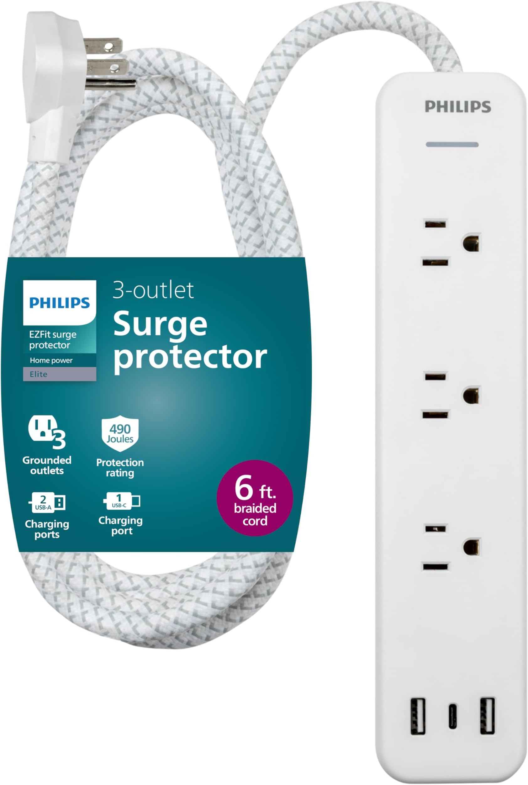 Amazon.com: Philips EZFit 3-Outlet Adapter-Spaced Surge Protector, 6ft ...