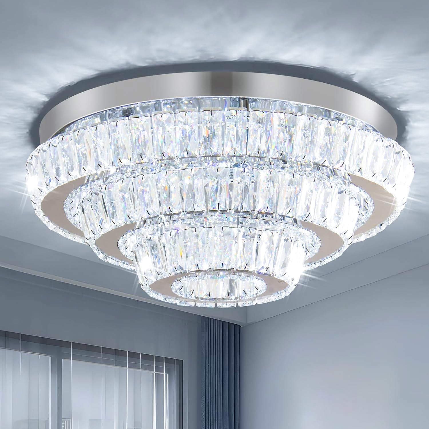 Modern LED Crystal Chandelier 3-Tier LED Ceiling Light Round Ceiling ...