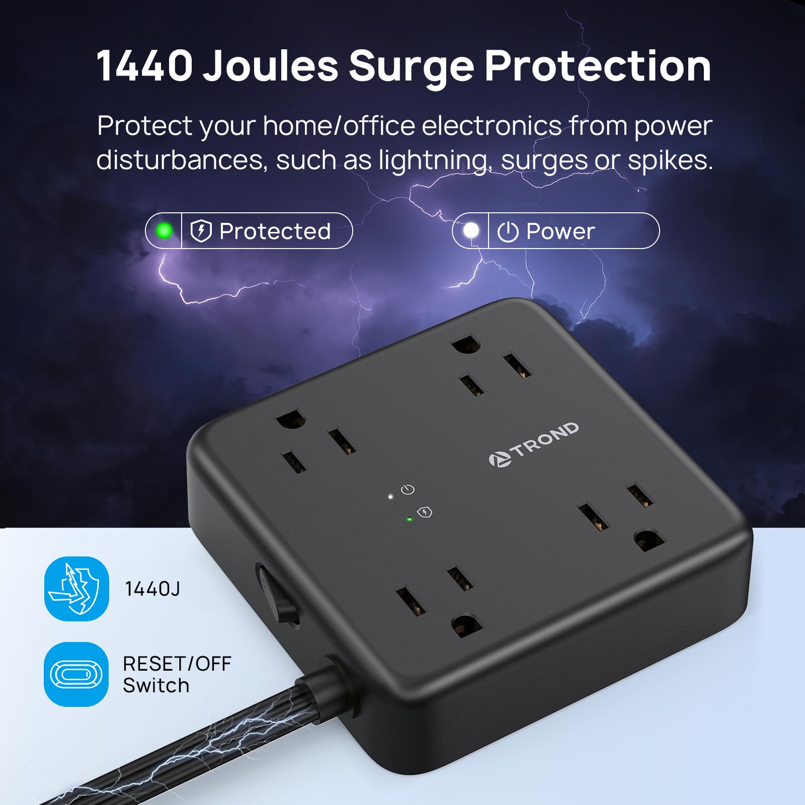 Surge Protector Power Strip TROND - 9 Outlets With 20W USB C Charging ...