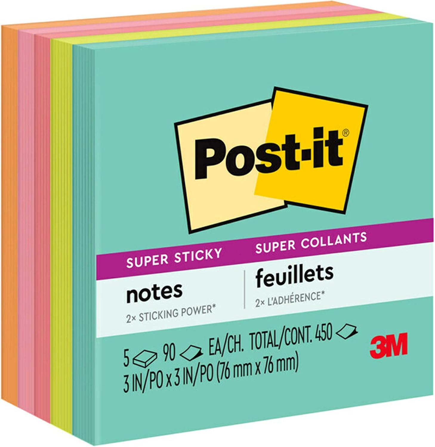 Post-it Super Sticky Notes, 3" x 3", Miami Collection, 5 Pads per Pack ...