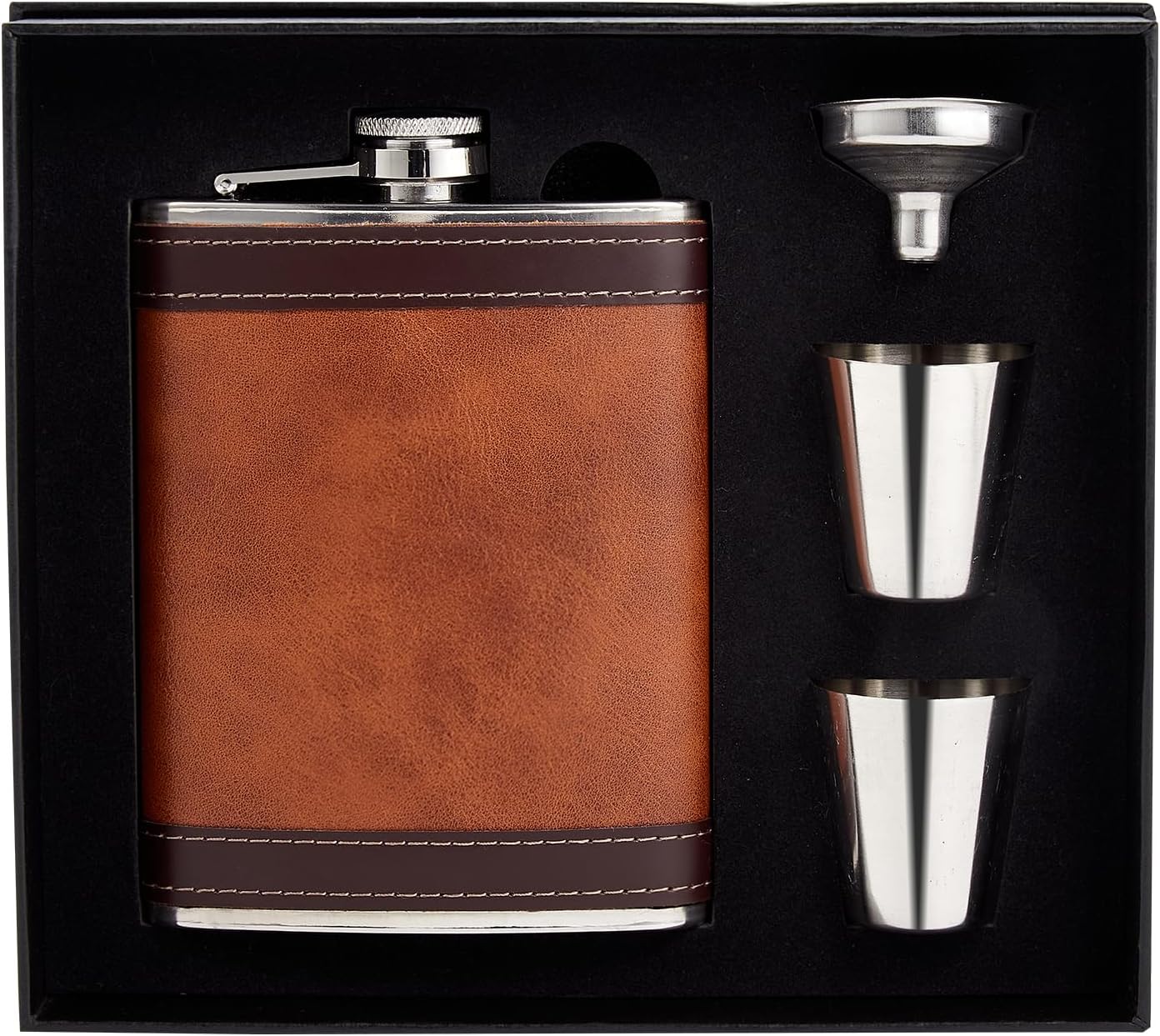HEESUNG Hip Flask 8oz with Funnel 2 Short Cup Drinking Flasks Kit Brown ...