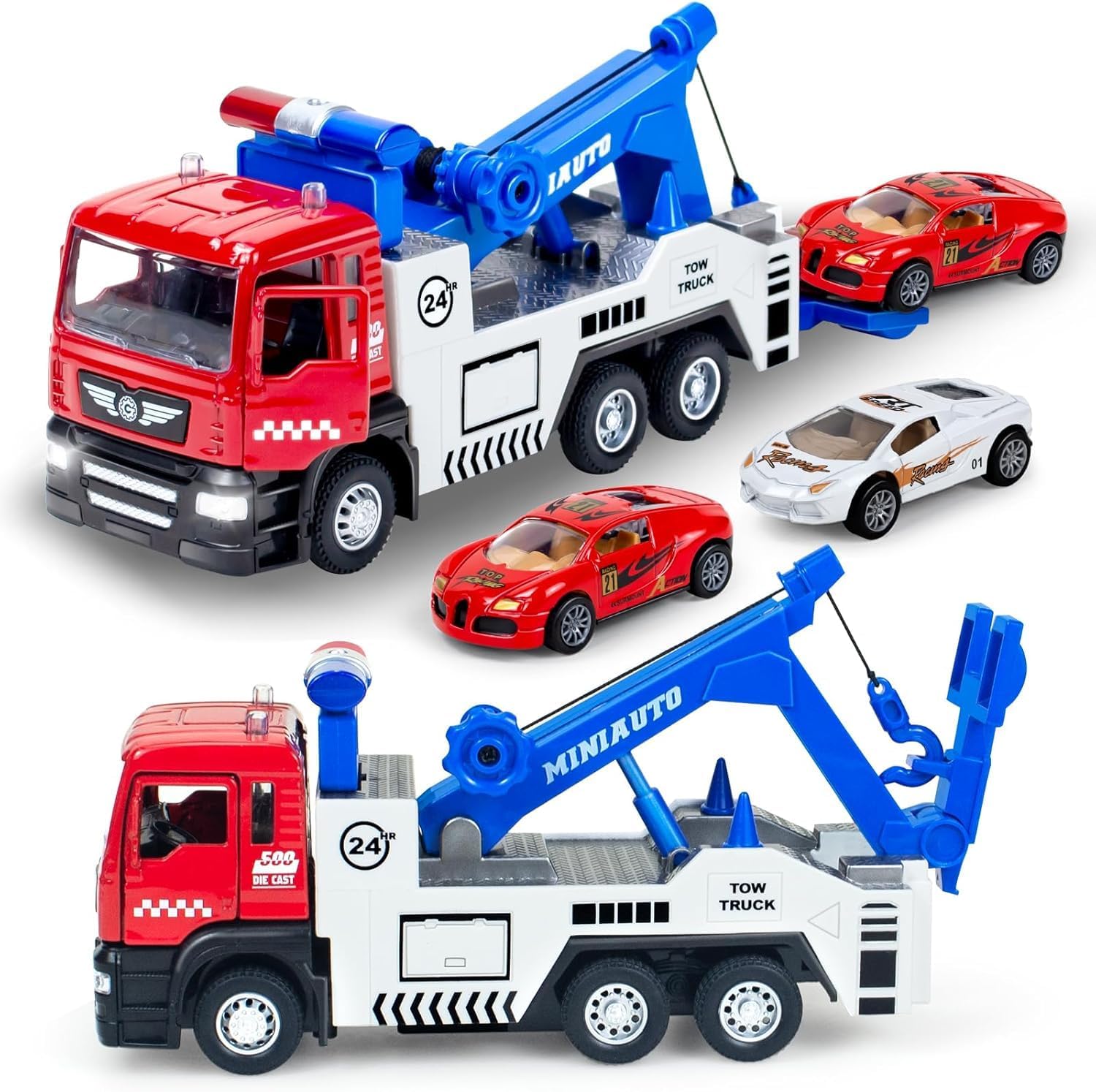 Diecast Tow Truck Toy- Pull Back Truck Vehicles with Lights & Sound and ...