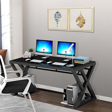 Amazon.com: BINGTOO Computer Desk Glass Top Metal Frame, 55.1" Home ...
