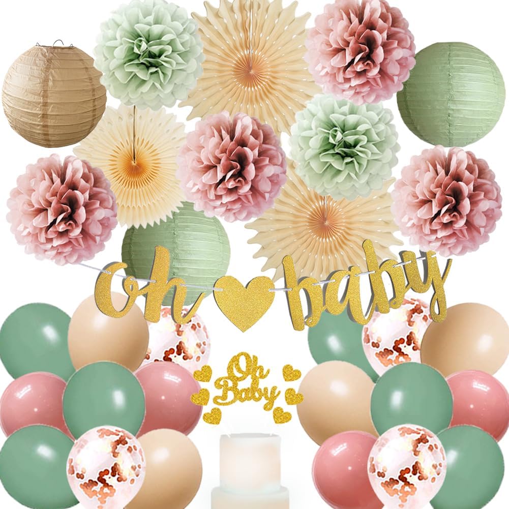 Amazon.com: Dusty Rose and Sage Green Baby Shower Decorations Oh Baby ...