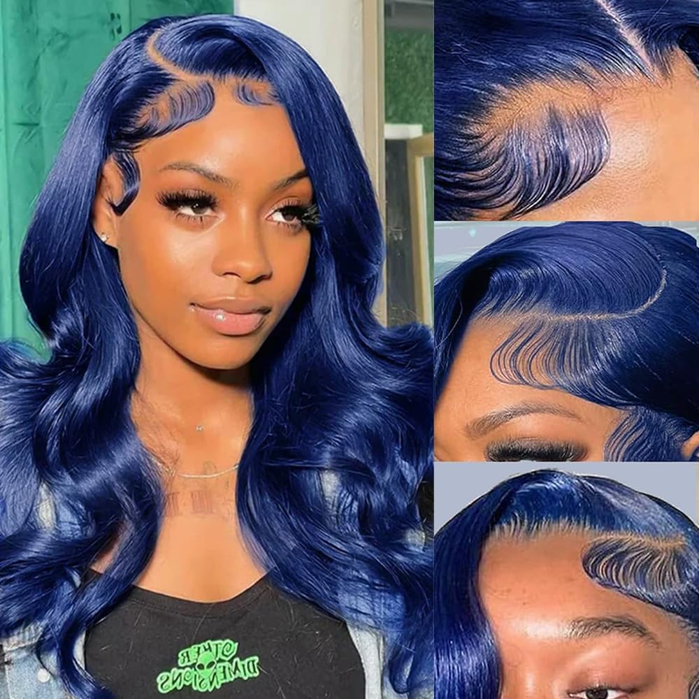 Amazon.com : Blue Lace Front Wig Human Hair Body Wave 13x4 HD Dark Blue ...