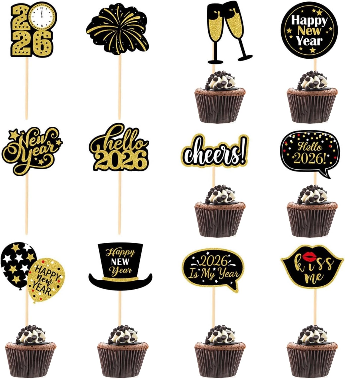 New Years Eve Decorations 2026 Cupcake Toppers, 12pcs Happy New Year ...