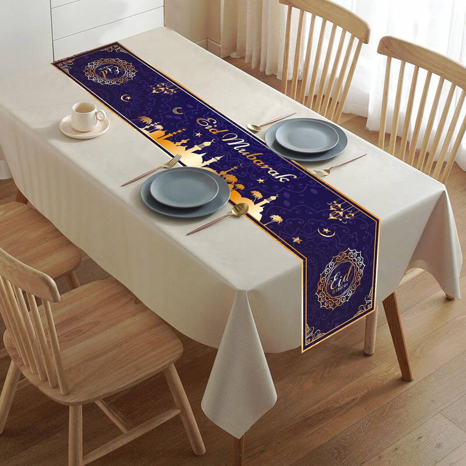 Amazon.com: Eid Mubarak Table Runner, Purple Ramadan Mubarak Linen ...