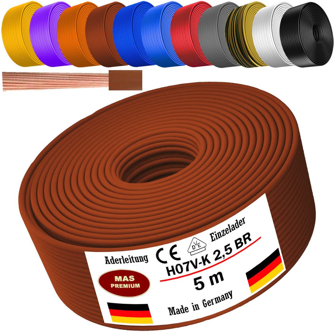 Von 5 bis 100m Aderleitung H07 V-K 2,5 mm² Schwarz, Hellblau, Grün/Gelb ...