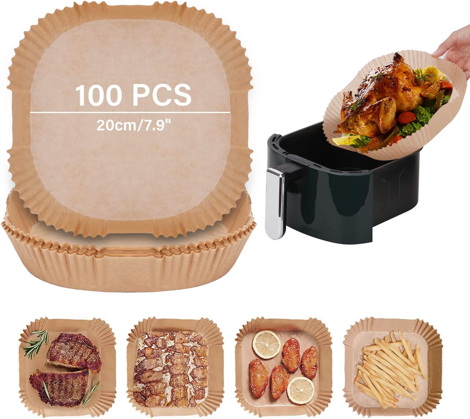 Owelth Backpapier für Heißluftfritteuse 20-24cm, 100 Stück Airfryer ...