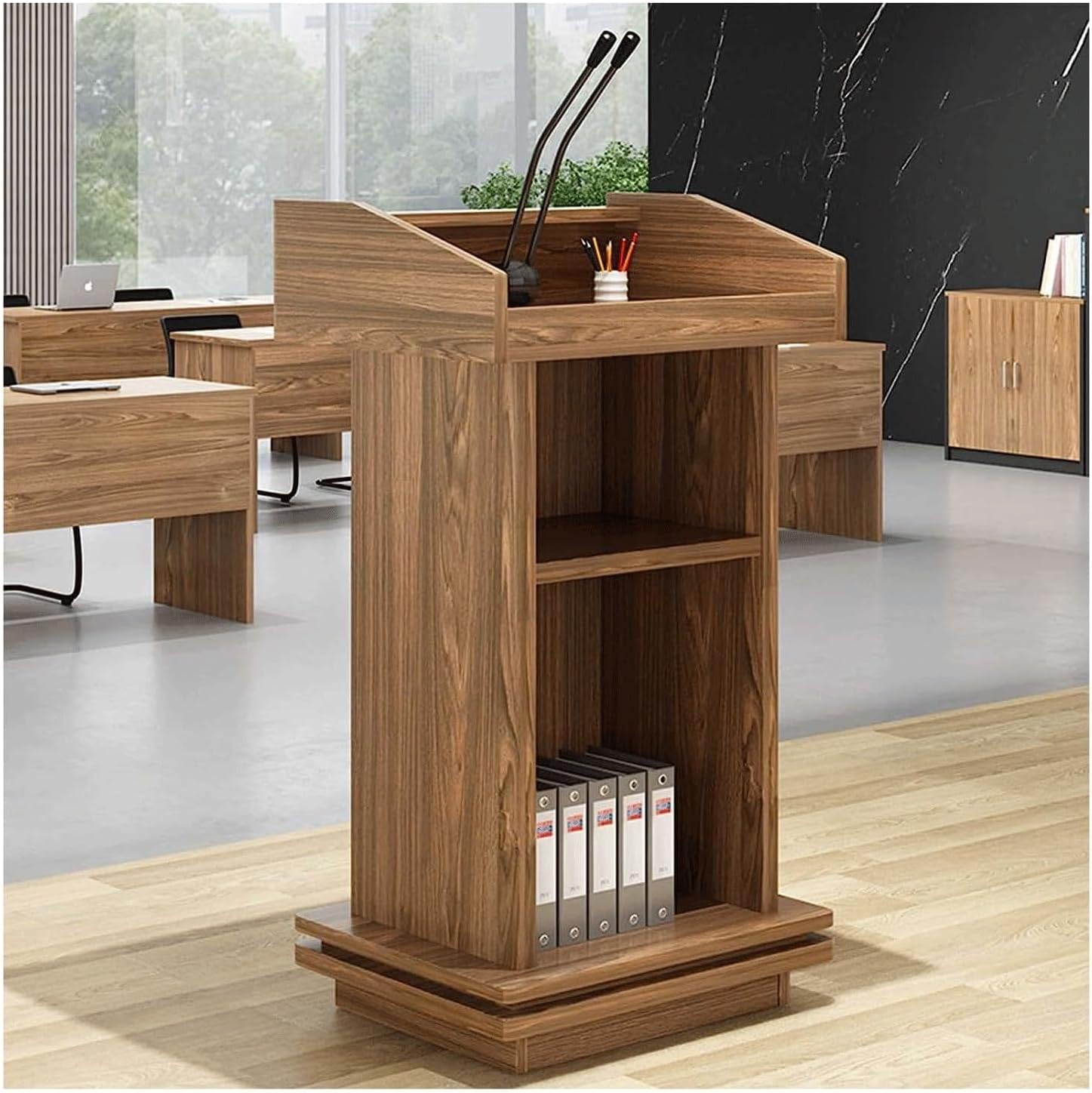 MUYRJLZX Podium Stand Lecterns Wood Podium Portable W/ 2 Layer Storage ...