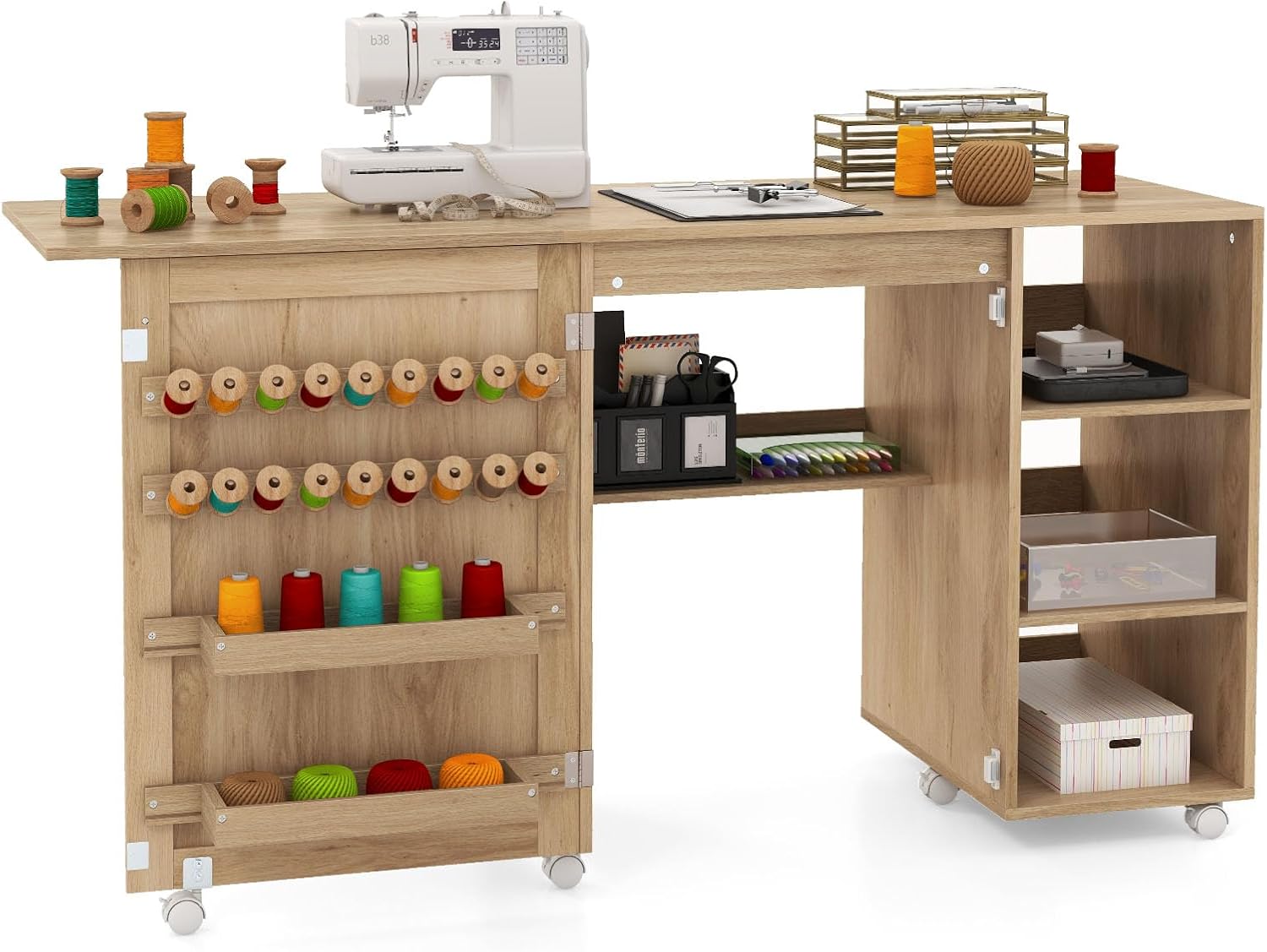 Giantex Folding Sewing Table with Rattan Door, Multipurpose Sewing ...