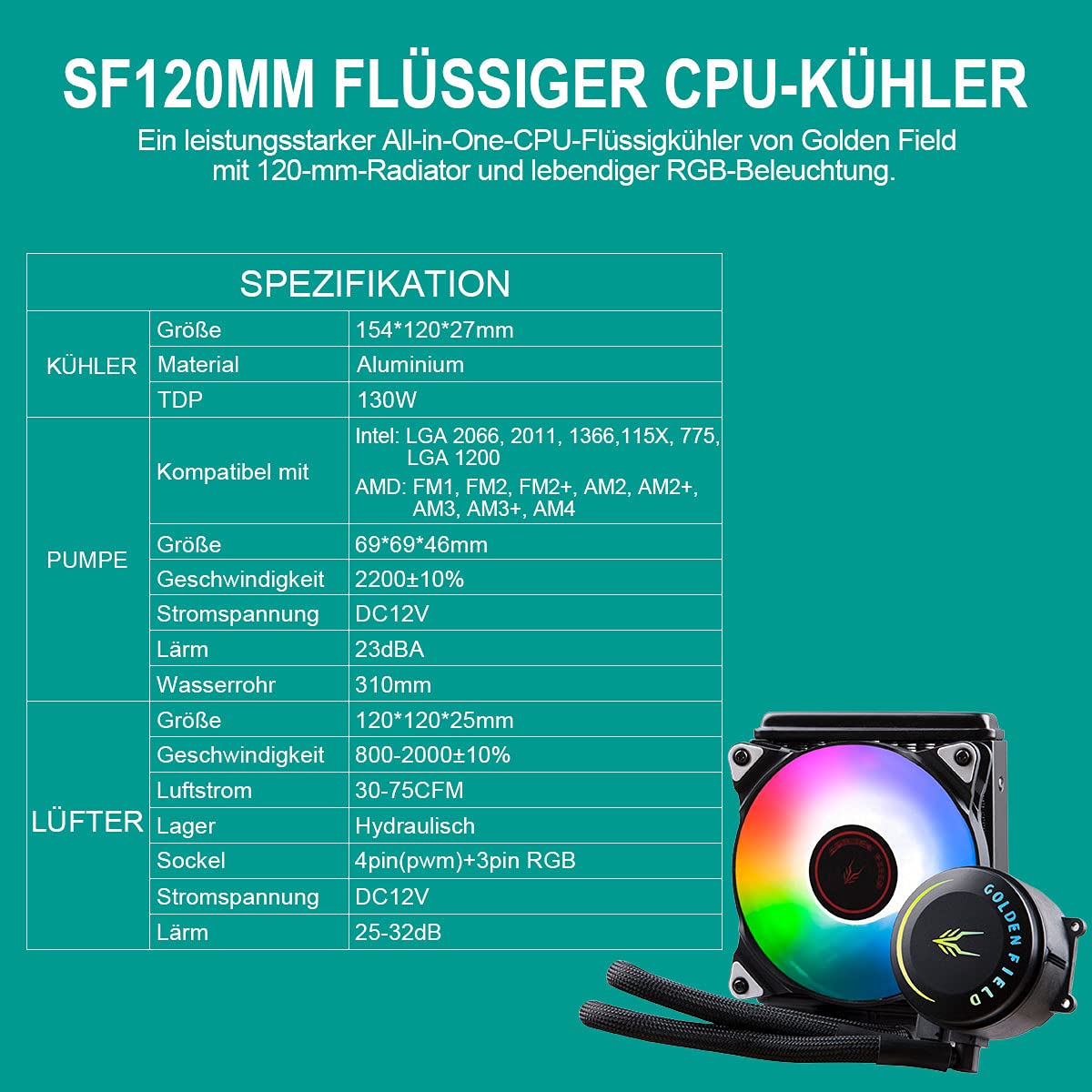 GOLDEN FIELD SF120 RGB All-in-One Liquid CPU Cooler With 120mm Radiator ...