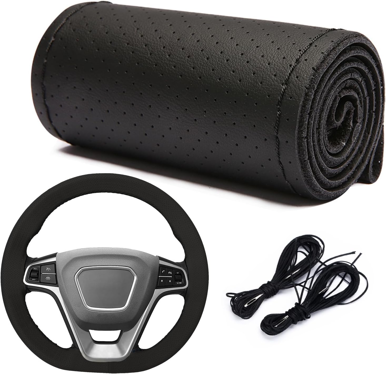 Amazon.com: Mearo Leather Steering Wheel Cover, Stitch on Wrap ...