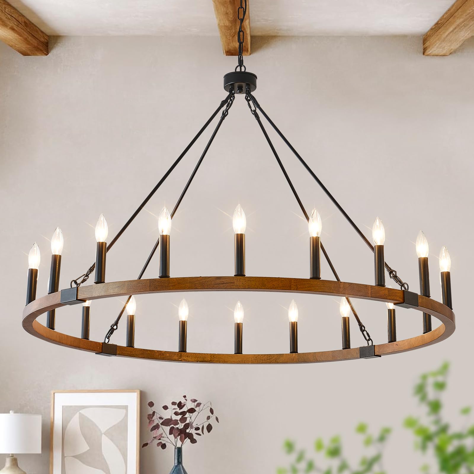 HHR 48 Inch Wood Wagon Wheel Chandelier 20-Light, Large Chandeliers for ...