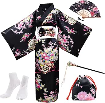 PLULON Japanese Robe Geisha Yukata Dress Blossom Satin Bathrobe with ...