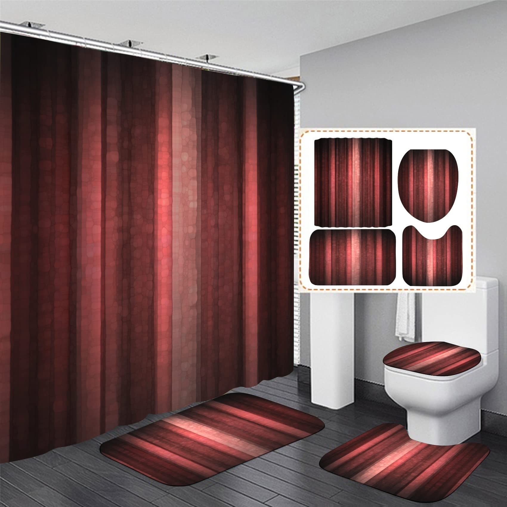 Amazon.com: 4Pcs Red Striped Shower Curtain Set Vintage Abstract ...
