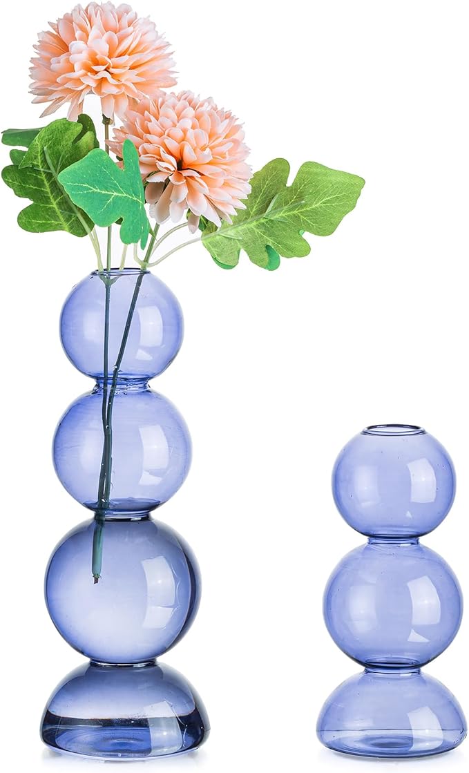 Amazon.com: Glasseam Bubble Glass Vase Set of 2, Light Blue, Aesthetic ...