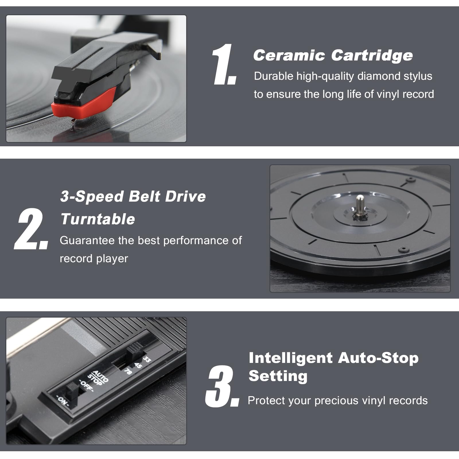 Vinyl Record Player with Stereo External Speakers, 3-Speed Belt-Drive ...