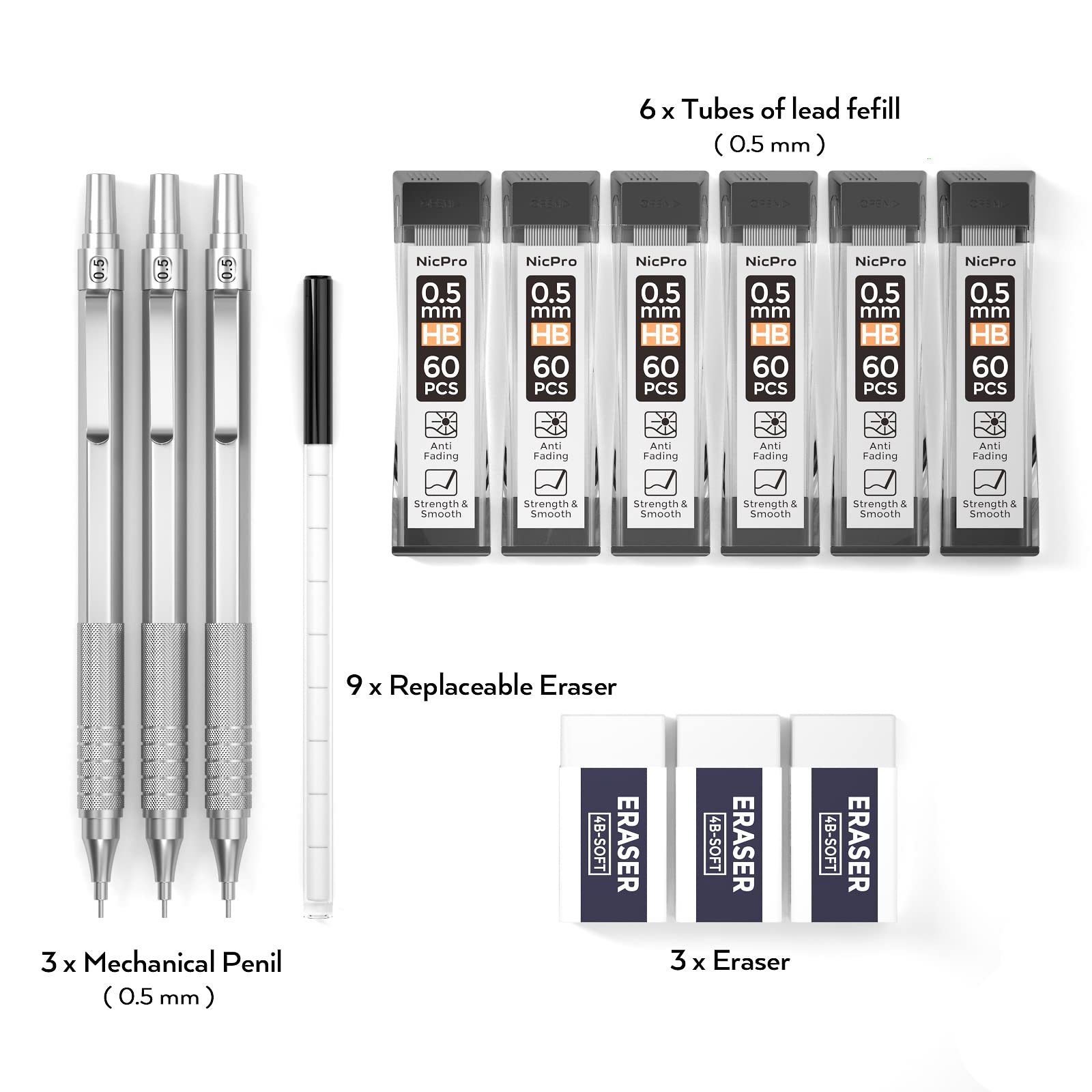 Nicpro 0.5 mm Mechanical Pencils Set with Case, 3 Metal Artist Pencil ...