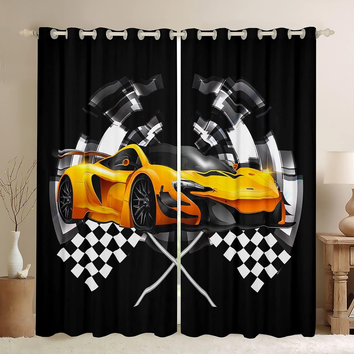 Yellow Race Car Window Curtains Black and White Grid Window Treatments ...
