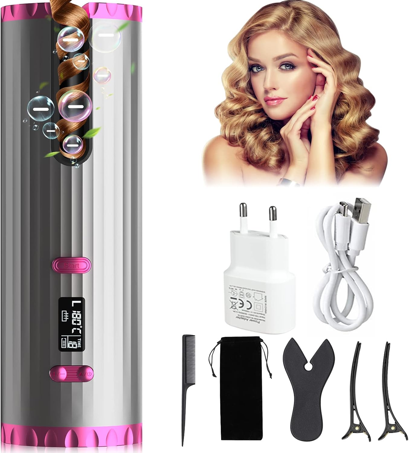 Fer à Friser Automatique, Boucleur a Cheveux Portables, Fer à Boucler Sans Fil Bigoudi Anti ...