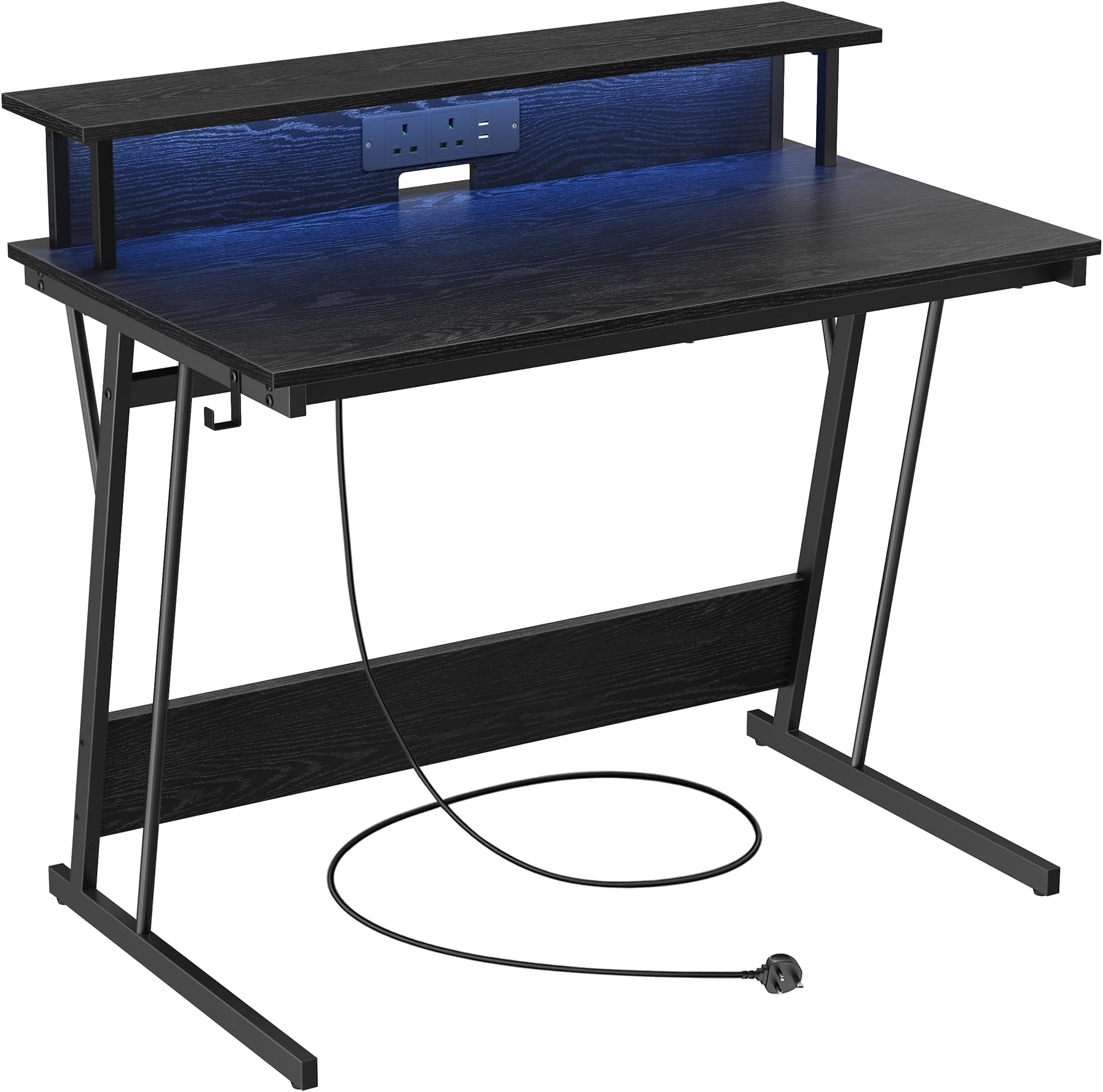 VASAGLE Gaming Desk with LED Lights and Built-In Power Outlets ...