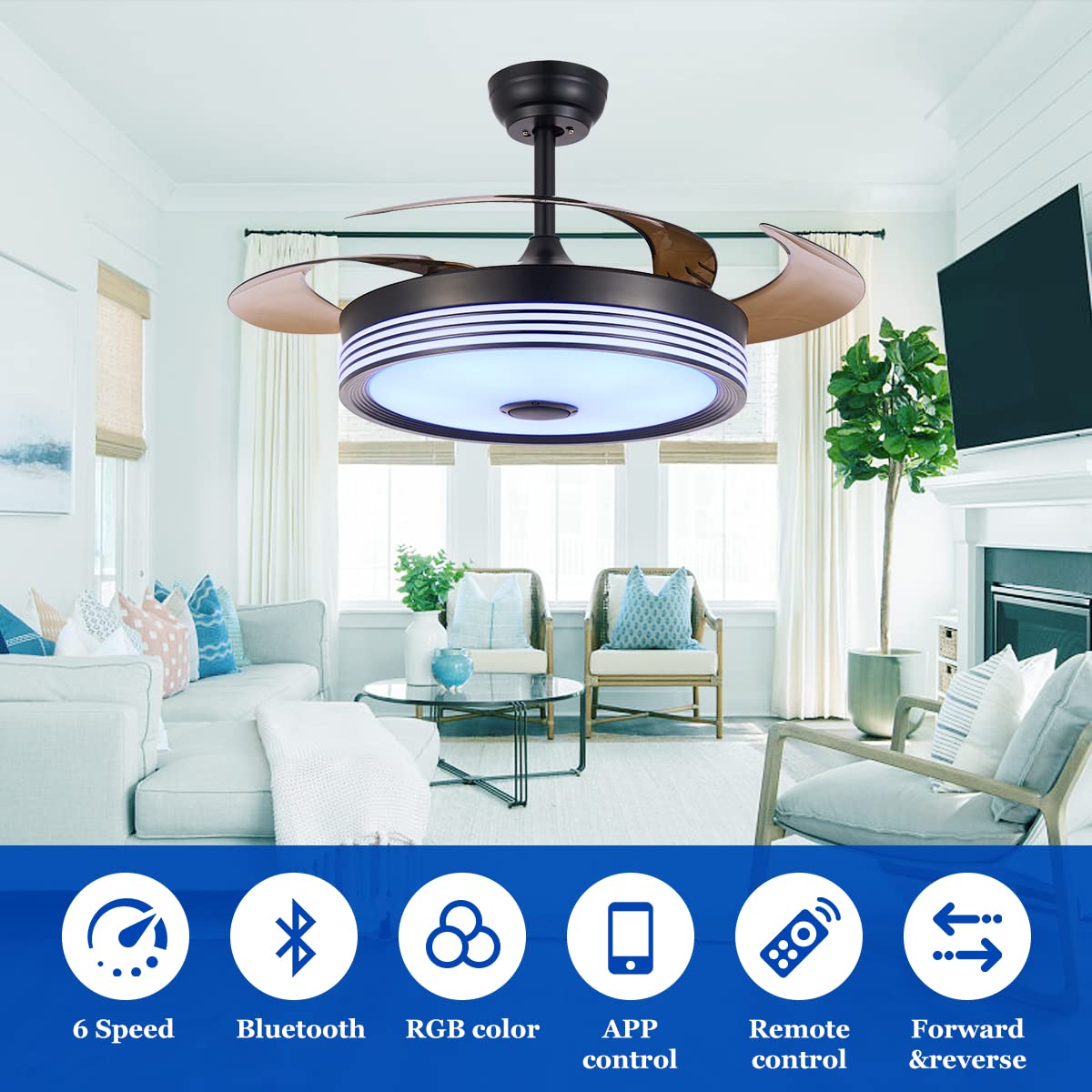 42 inch Modern Retractable Ceiling Fan with Lights and Remote control ...