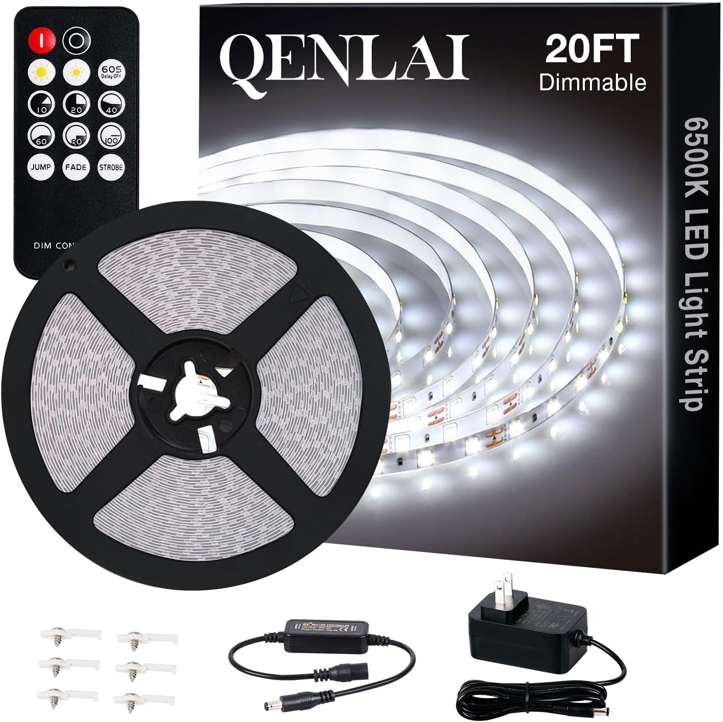 QENLAI 20ft White LED Strip Lights, Upgraded 6500K Dimmable Tape Lights ...
