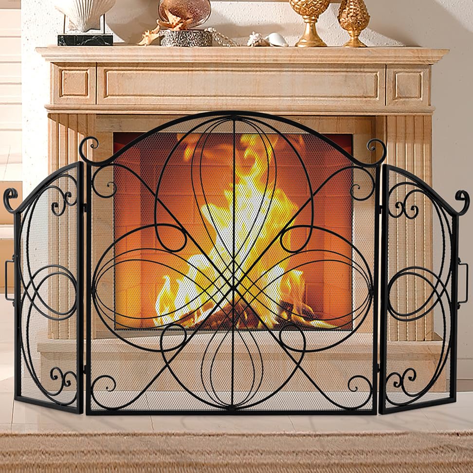 GiantexUK 3-Panel Folding Fire Guard, 151 x 83cm Heavy Duty Metal Mesh ...