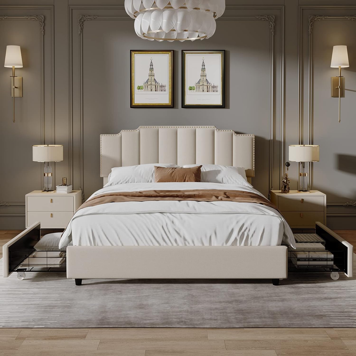 Amazon.com: Queen Size Upholstered Platform Bed with 2 Drawers,Linen ...