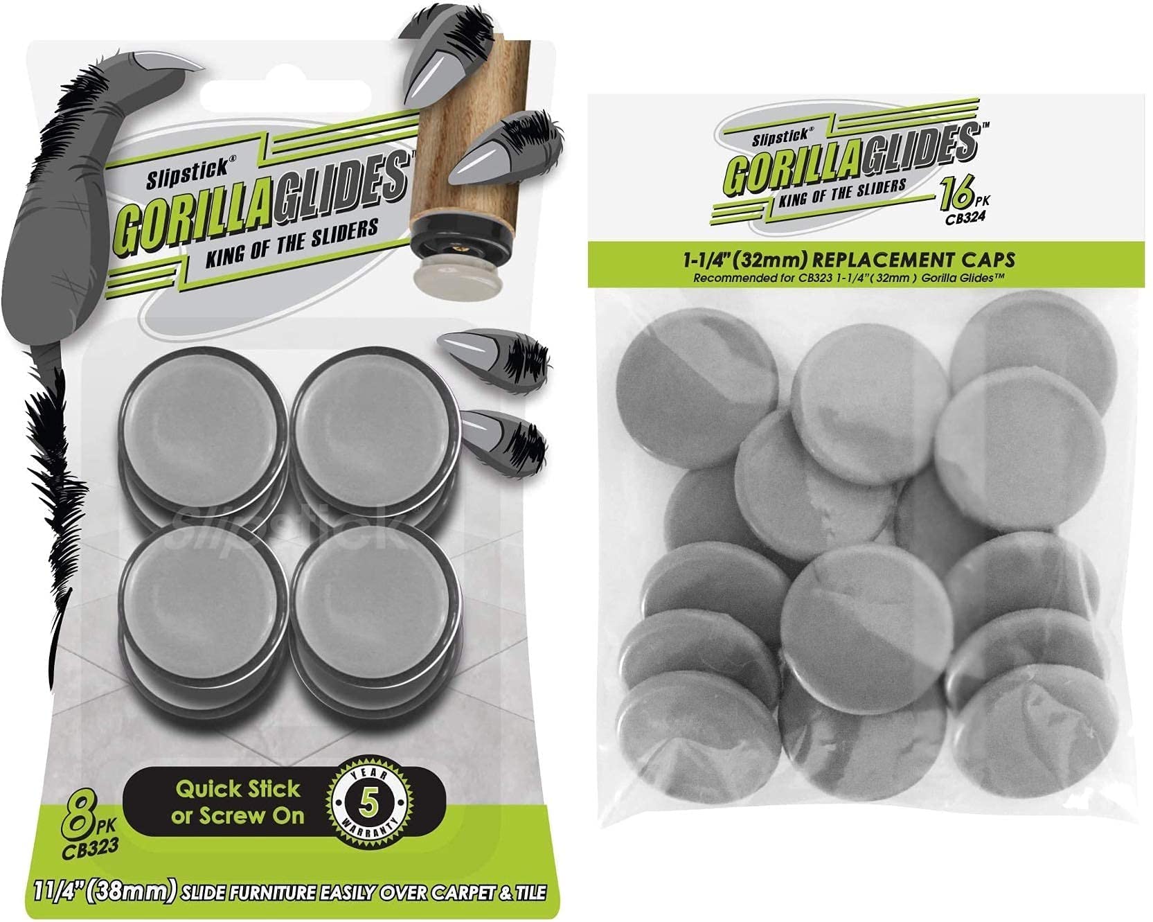 GorillaGlides CB323 1-1/4" Chair Sliders with Replacement Slider Caps ...