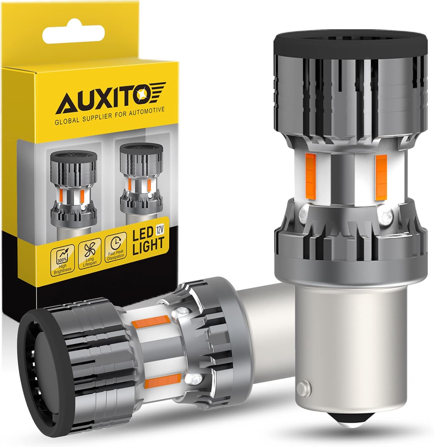 AUXITO 2023 Upgraded 1156 LED Bulbs Turn Signal Light with Fan, 4000LM 600％ Super Bright Amber ...