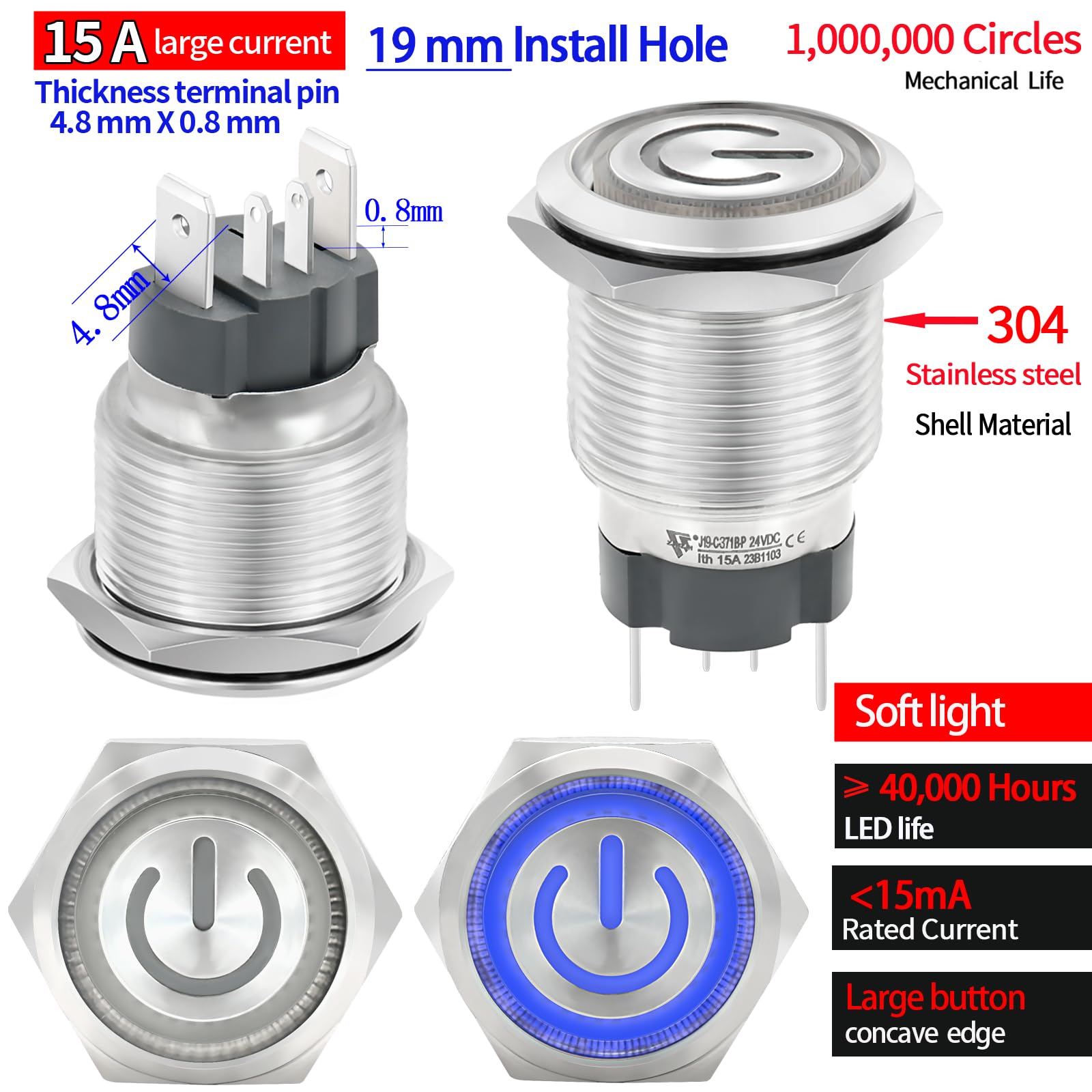 Snapklik.com : 15Amp Waterproof IP67 Momentary Push Button Switch 19mm ...