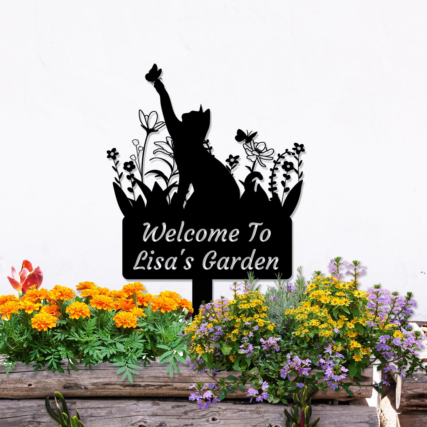 Amazon.com: Personalized Flowers Cat Metal Garden Stake Metal Sign ...