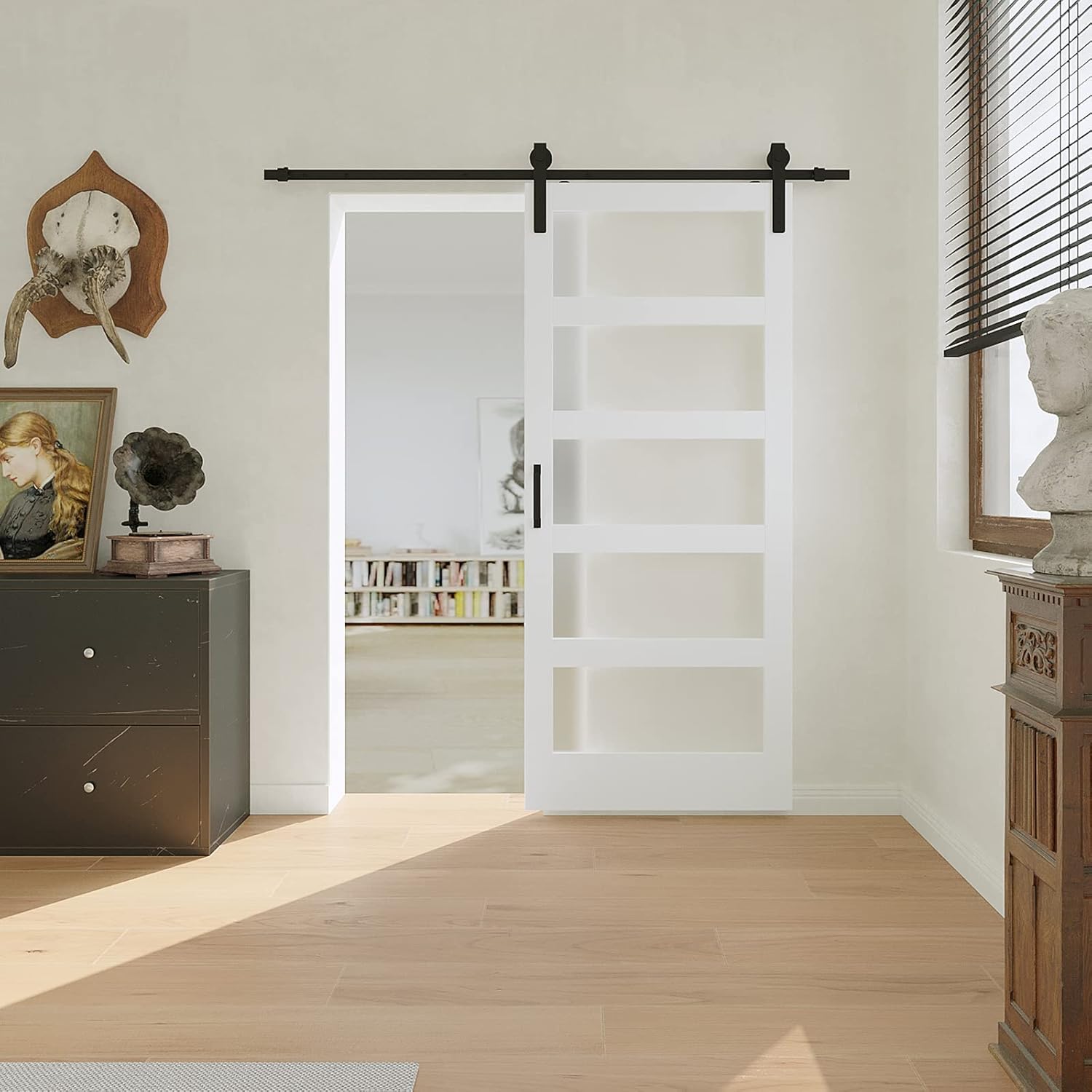 SOLRIG White Sliding Barn Door 36" x 84", 5-Panel Frosted Glass Barn ...