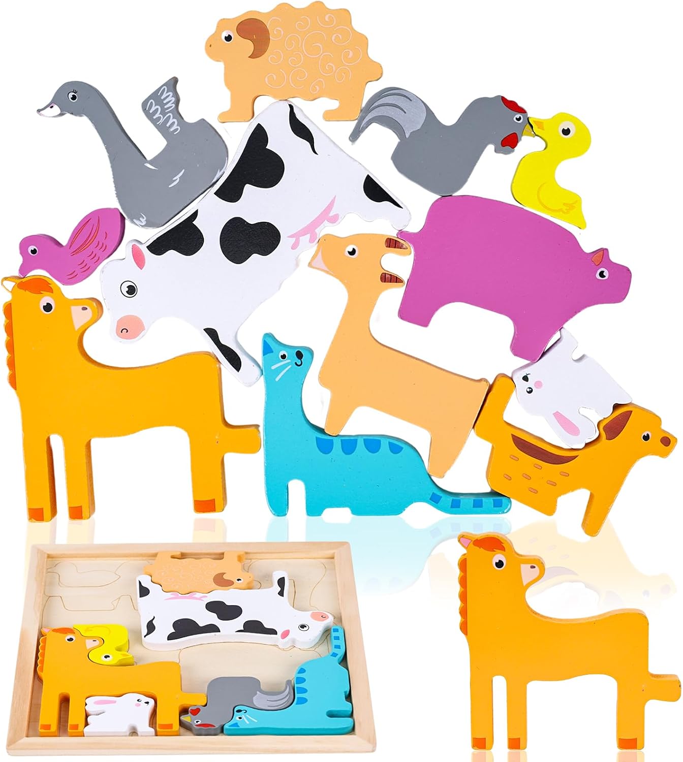 Amazon.com: LovesTown Wooden Stacking Puzzles for Kids, Farm Animal ...
