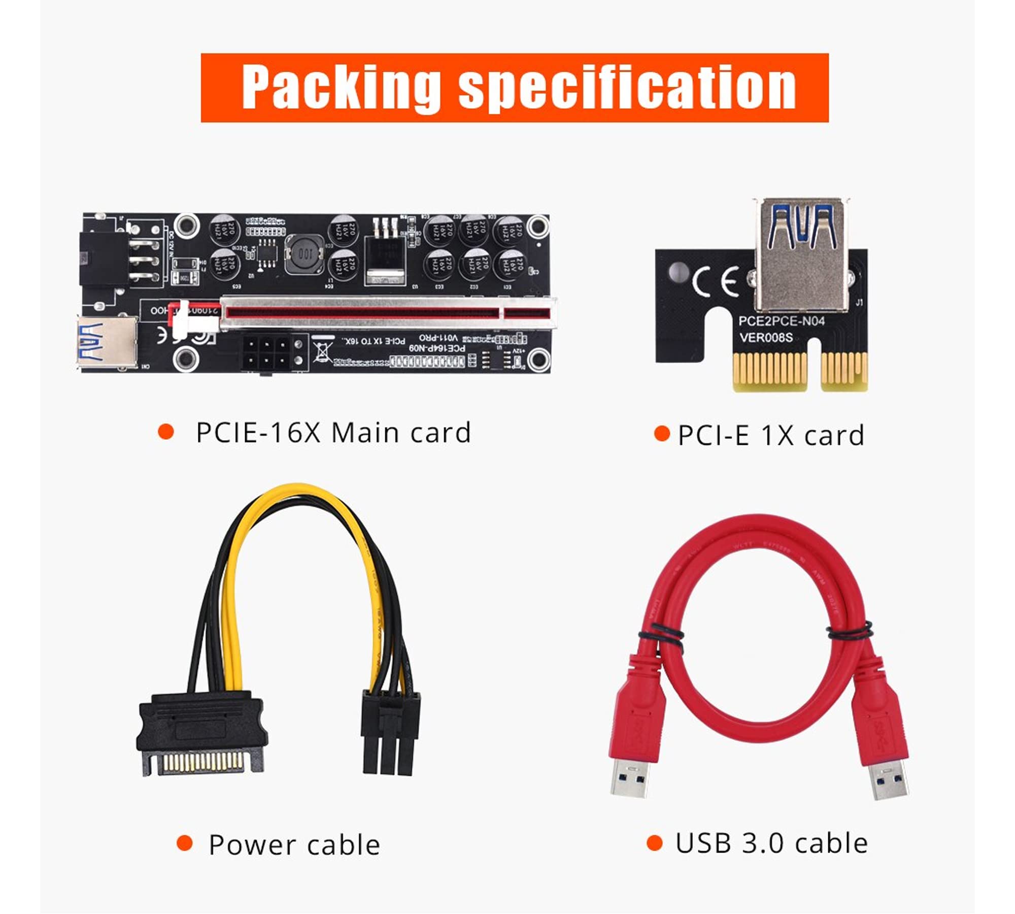 Etzin Riser Card V011-PRO, PCI-E 1X to 16X Riser Card, for Bit-coin ...