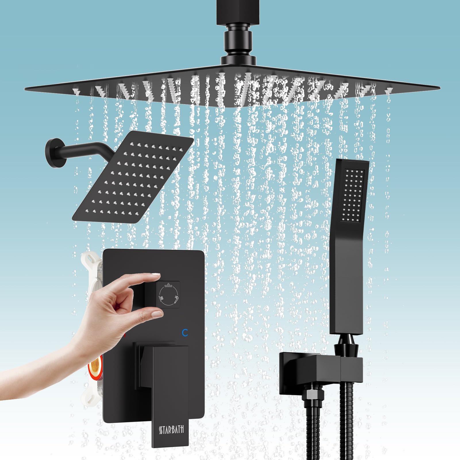 Shower Faucet Set Matte Black Shower System, STARBATH 12+6" Double Rain ...