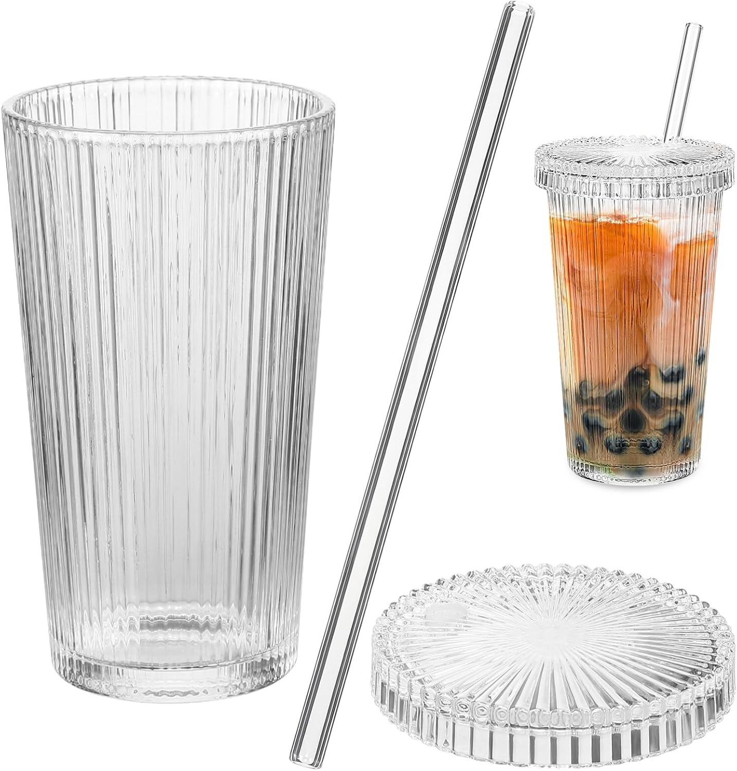 Amazon.com: UPKOCH Glass Cups Glass Tumbler with Straw and Lid Stripe ...