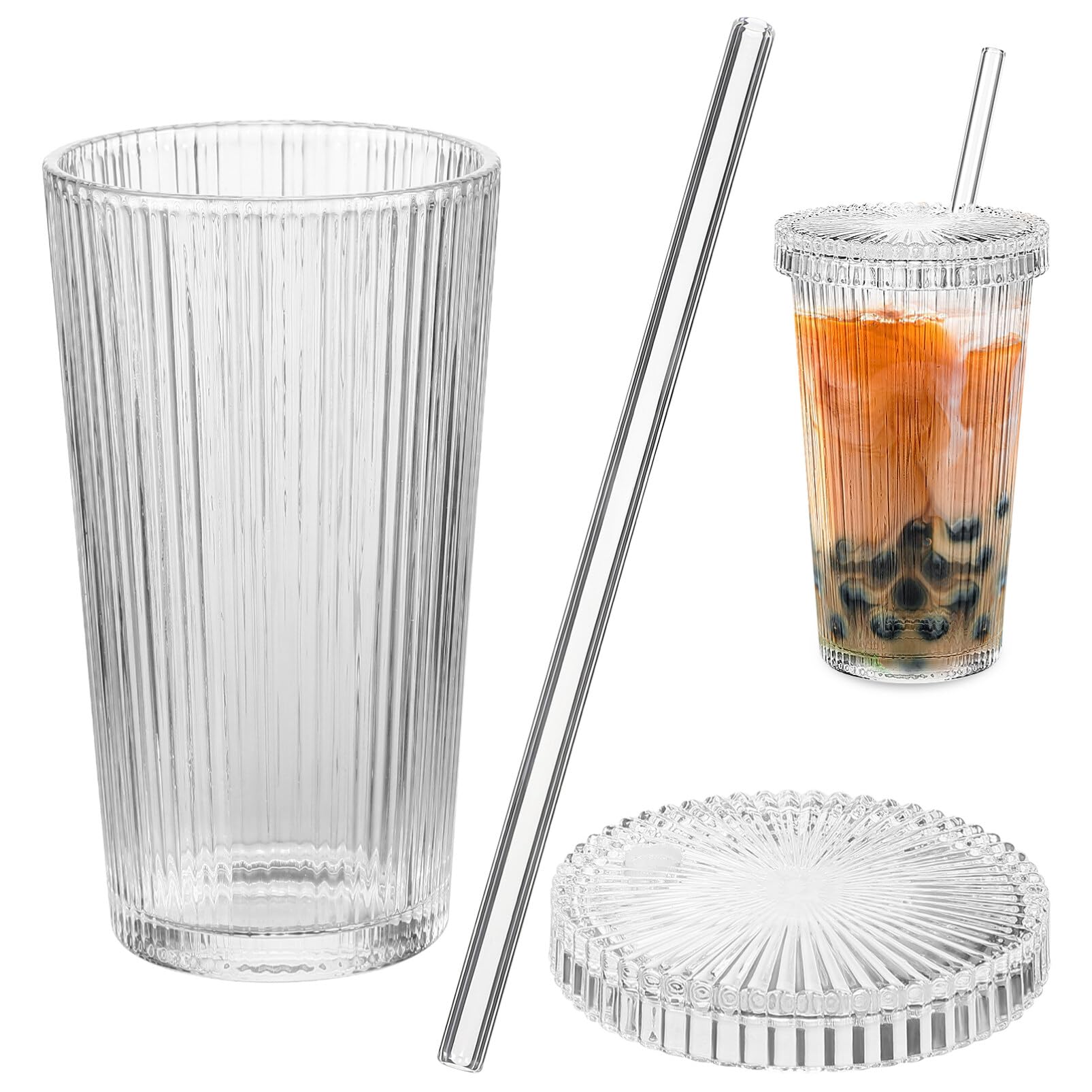 Amazon.com: UPKOCH Glass Cups Glass Tumbler with Straw and Lid Stripe ...