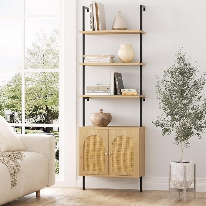 Amazon.com: FiveWillowise Ladder Bookshelf with Cabinet, 6 Tier Wall ...
