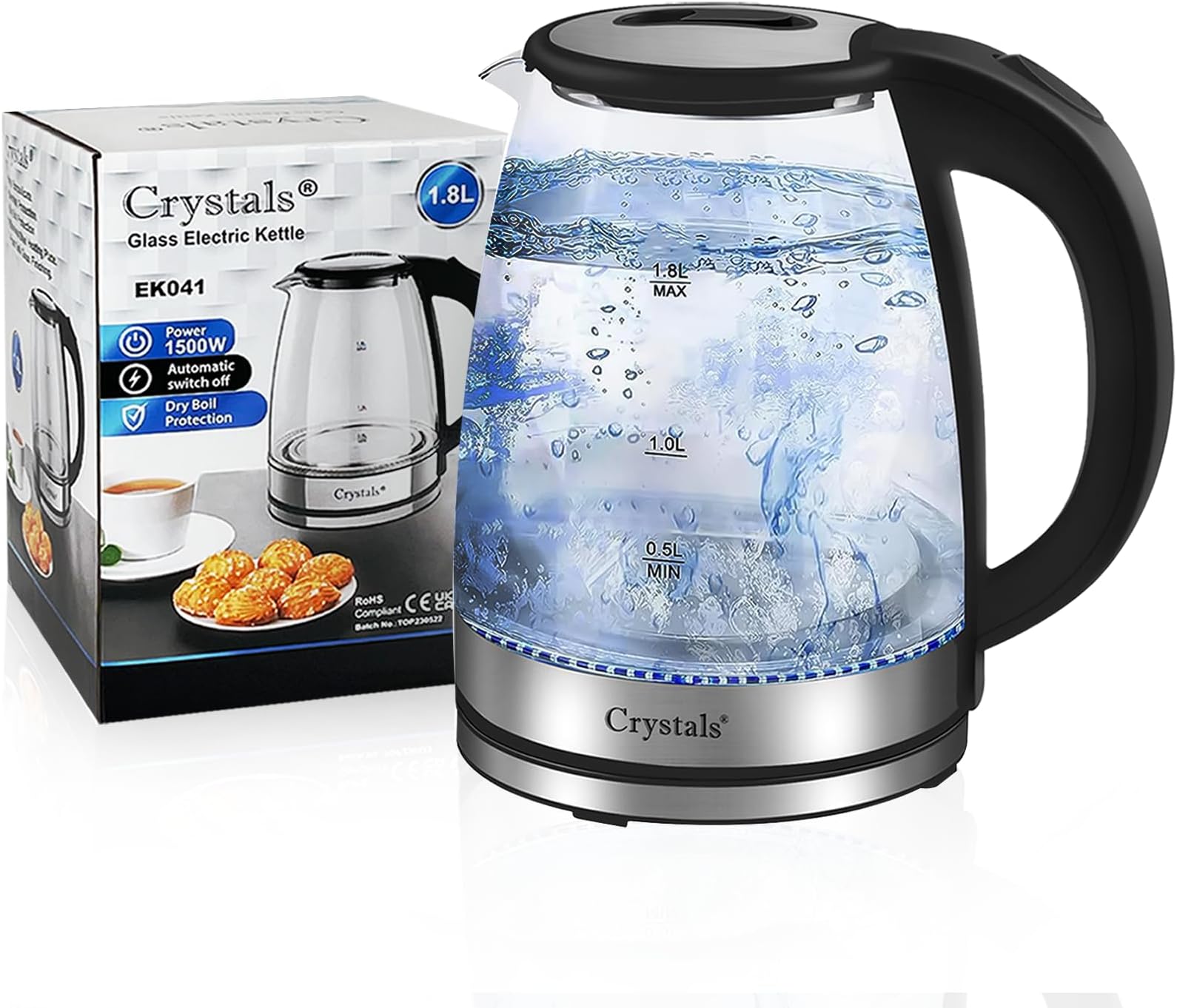 Crystals Electric Kettle, 1.8L Glass Kettle with Blue LED, 1500W, Fast ...