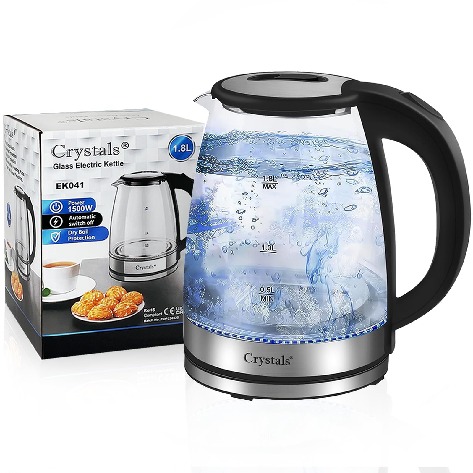 Crystals 1.8L Electric Cordless Glass Kettle with Blue LED Energy ...