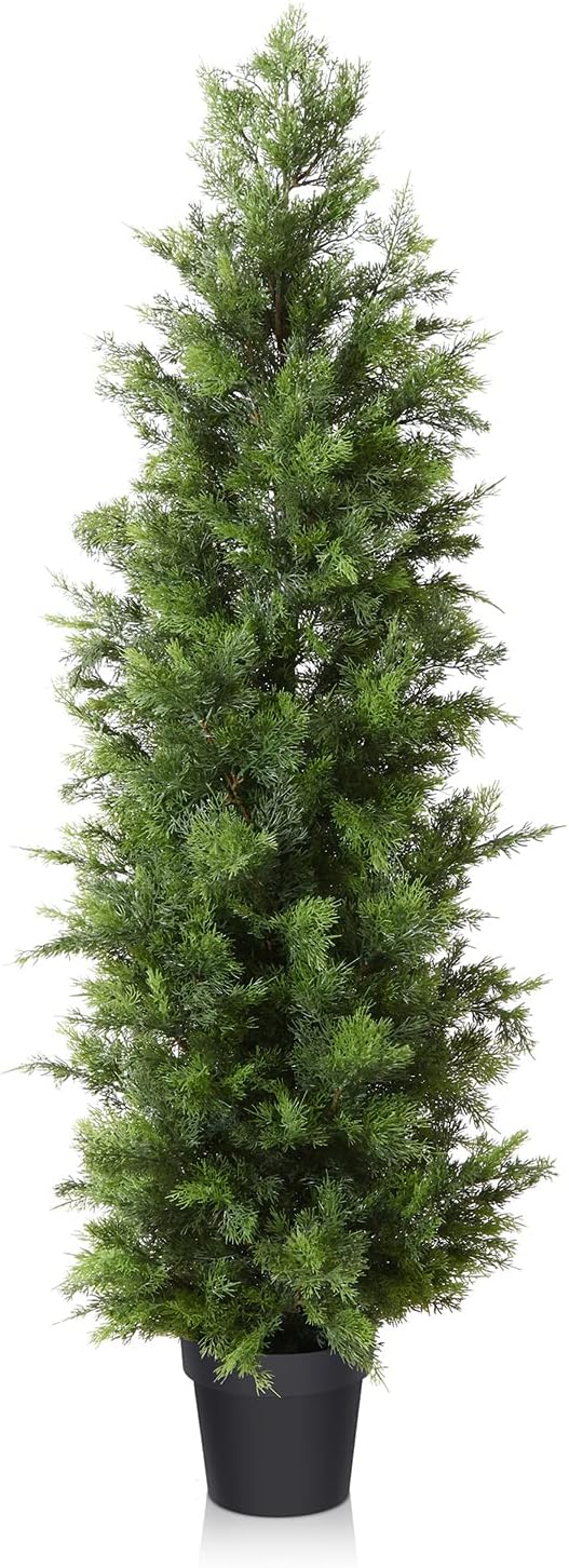 LOMANTO Outdoor Artificial Topiary Cedar Tree Fake Tree 5Ft UV Rated ...