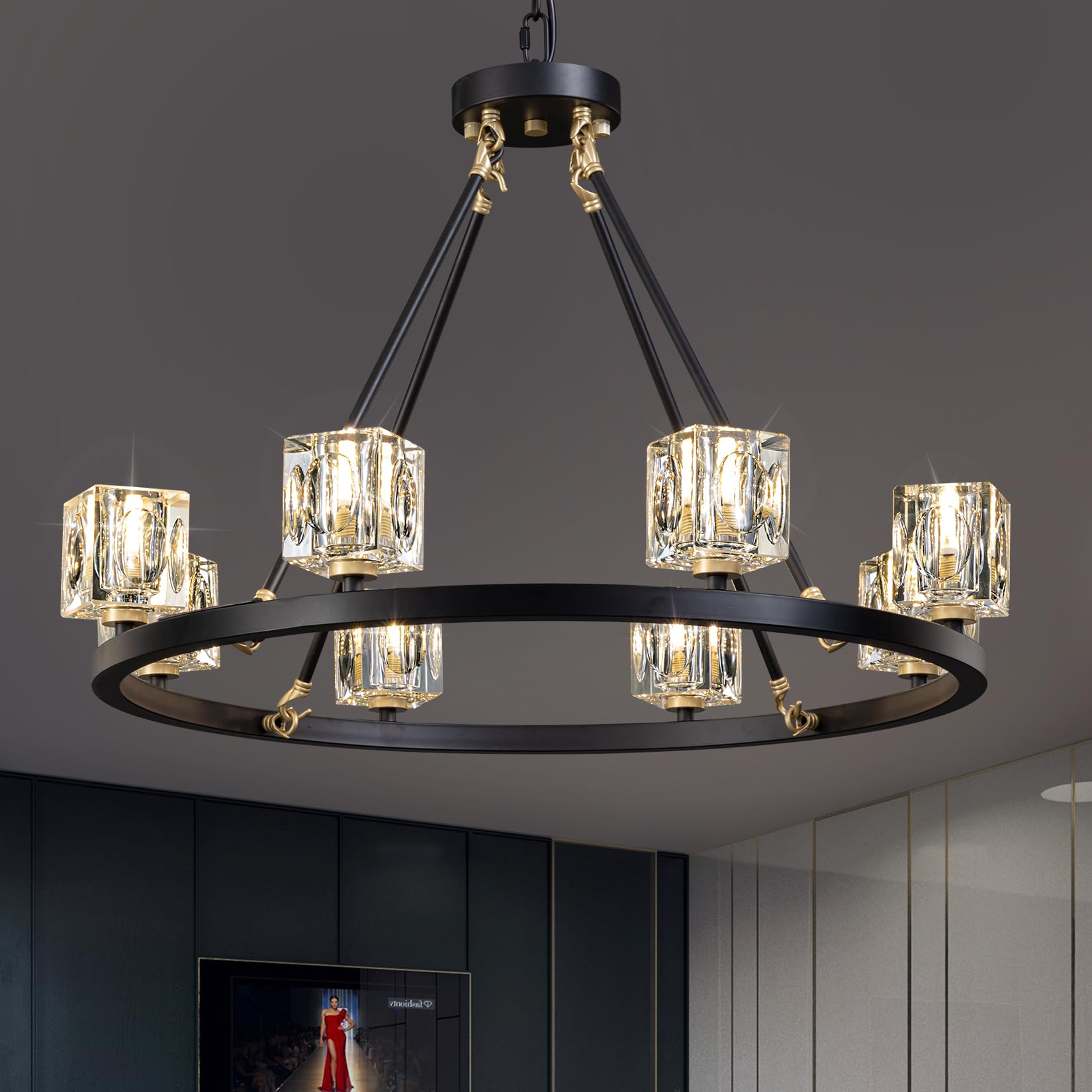 OKES Black Wagon Wheel Chandelier, 8-Light Farmhouse Crystal ...